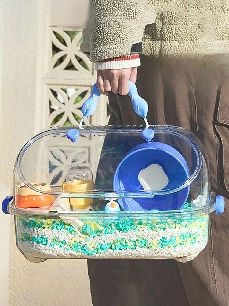 Террариум для хомяка переносной для грызунов синего цвета с крышкой и набором декора