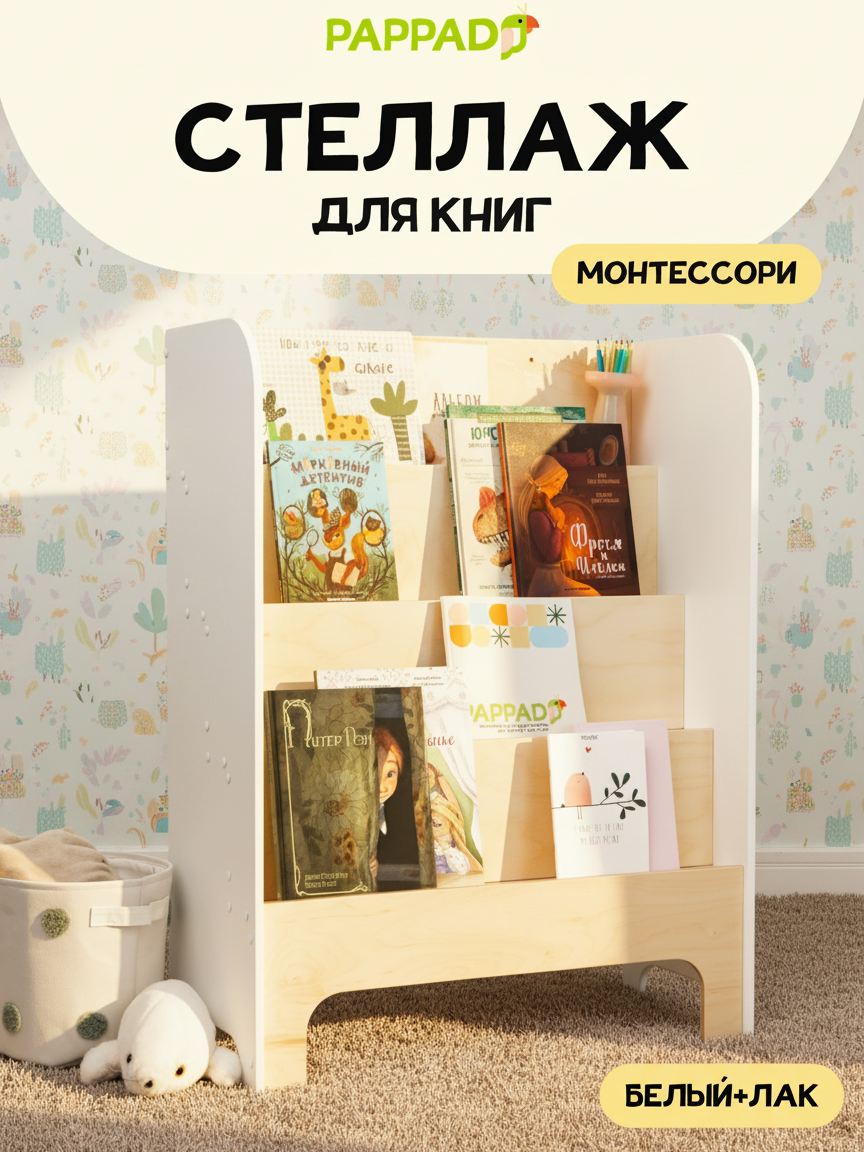 Стеллаж для книг и игрушек PAPPADO деревянный с полками белый/лак