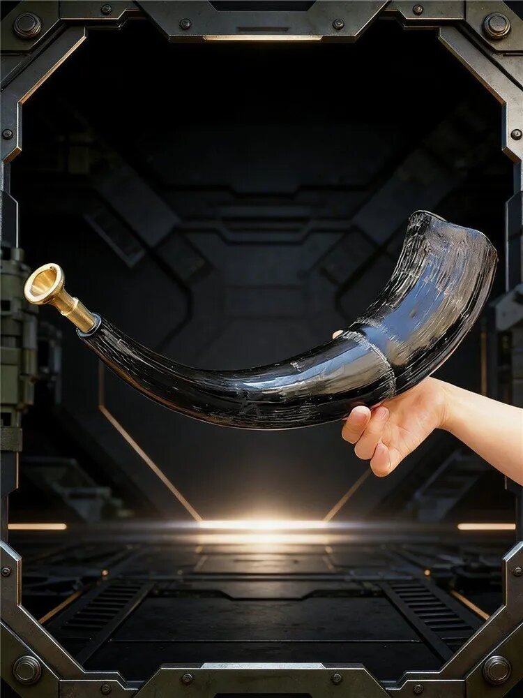 Боевой горн из черного рога яка с медным мундштуком (40-50cm), народный духовой инструмент