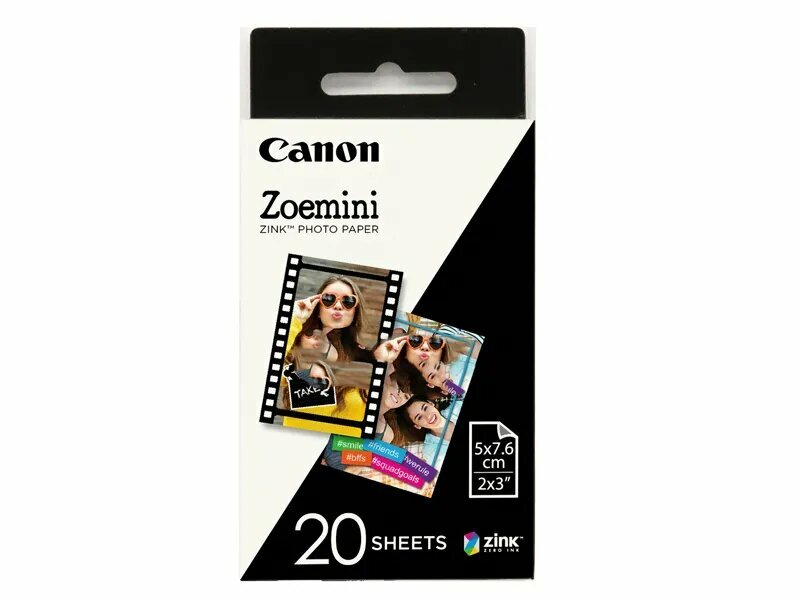 Фотобумага Canon Zoemini ZINK, 20 листов, для цветной самоклеящейся фотопечати, глянцевая, белая, 5x7.6 см