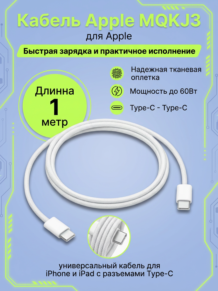 Кабель Apple "Woven Charge" MQKJ3, для iPhone/iPad/iPod, 60Вт, белый, тканевая оплетка, длина 1 м