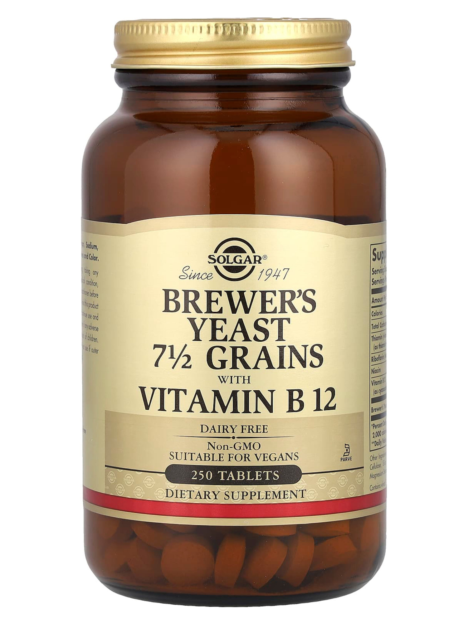 Solgar Brewer's Yeast 7 1/2 Grains with Vitamin B12, Пивные дрожжи 7 1/2 в таблетках с витамином В-12 250 таблеток