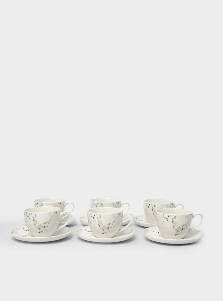 Пара чайная, 6 персон, 12 предметов, 220 мл, костяной фарфор, белая, Цветы и листья, Primrose (Anna Lafarg)