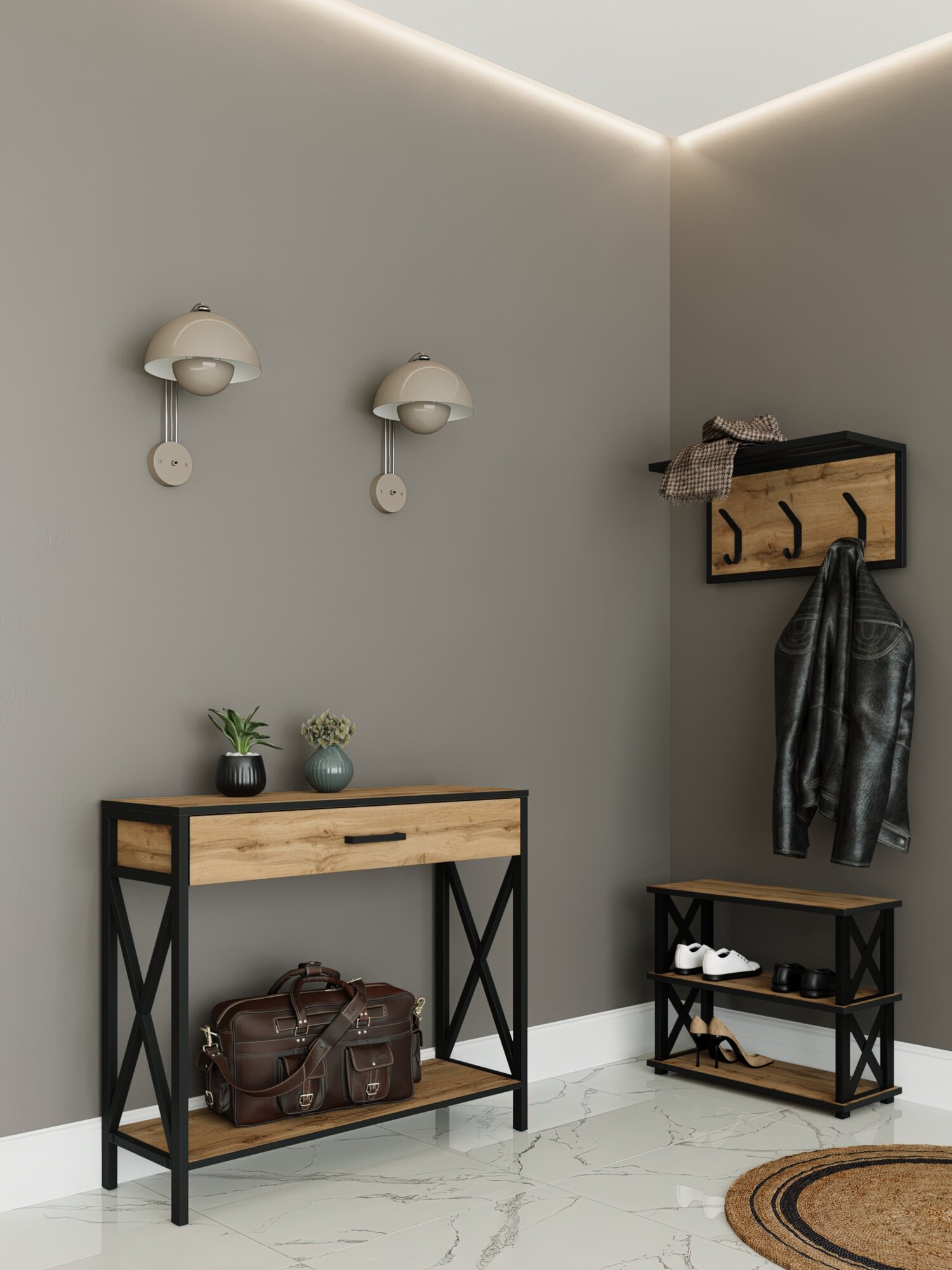 Комплект для прихожей Лофт, Дуб Вотан. Консоль + обувница + полка для головных уборов