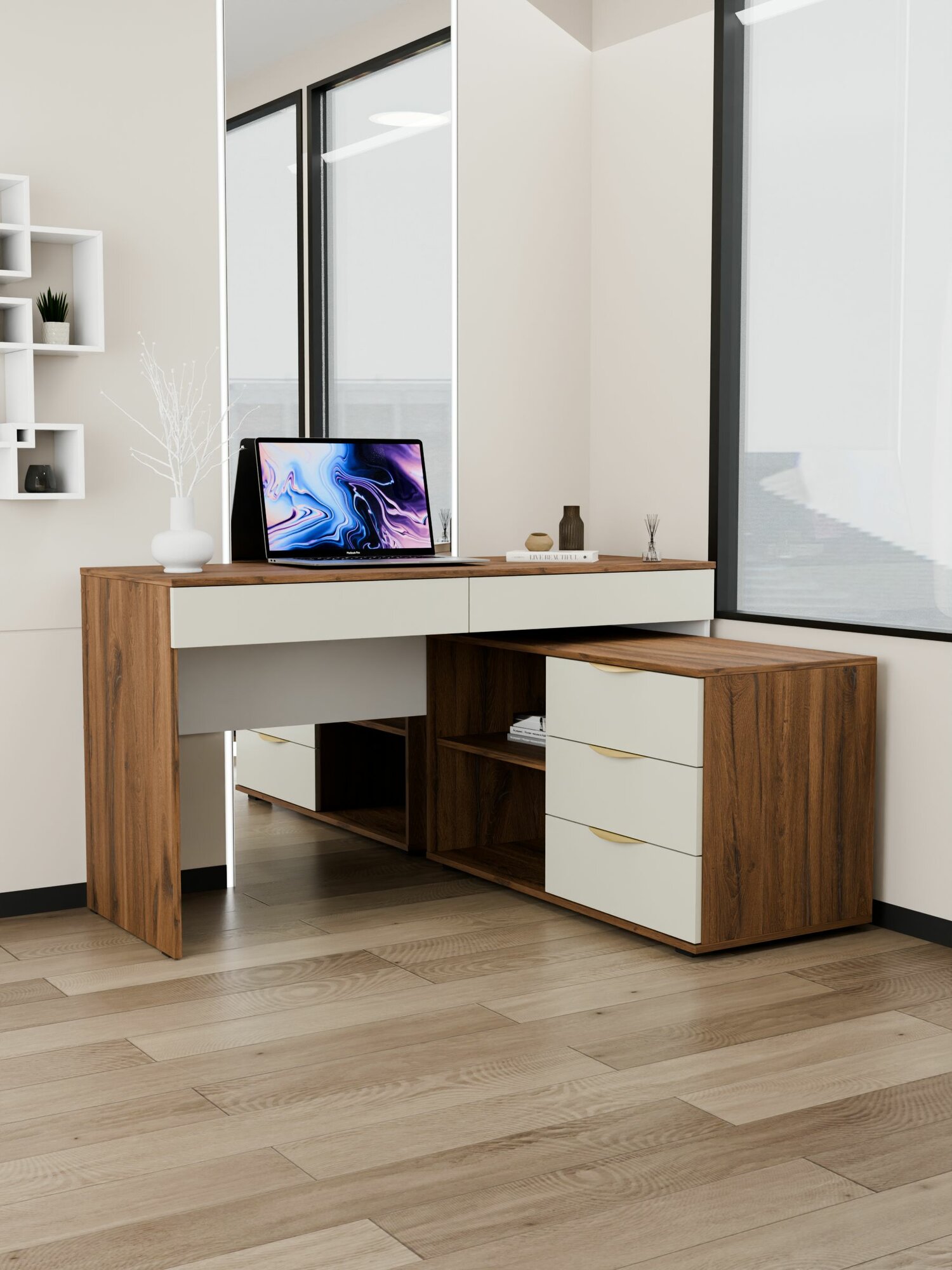 Изумлит Стол письменный с тумбой Корнер 135х52х75.5 см, дуб крафт табачный-бежевый