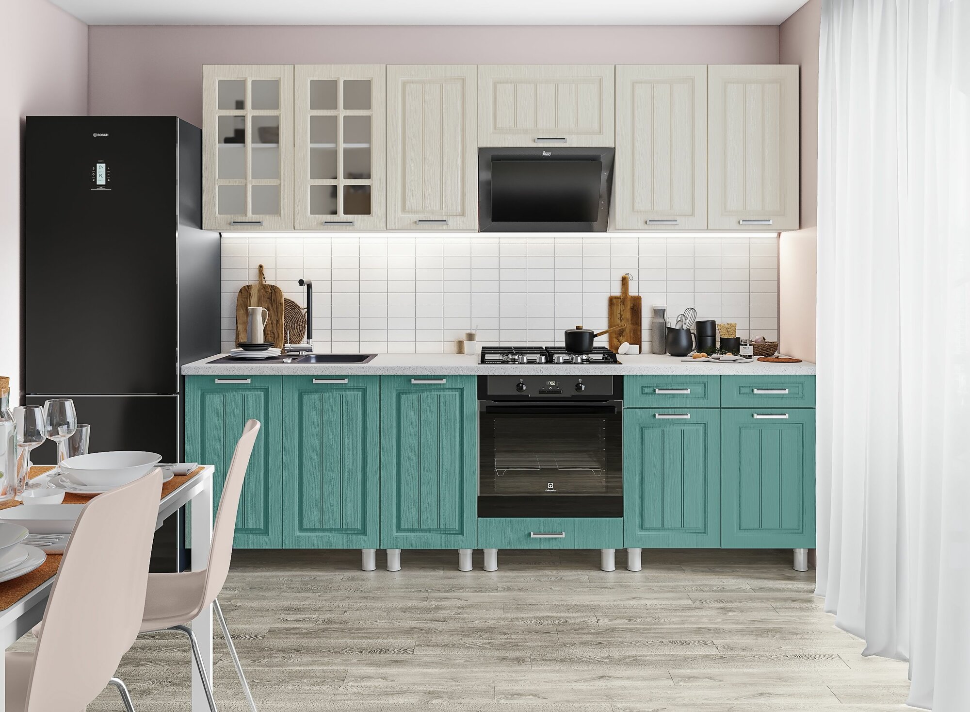 Кухонный гарнитур 2,6м Луксор МДФ клен крем/бирюза без столешницы, тэкс