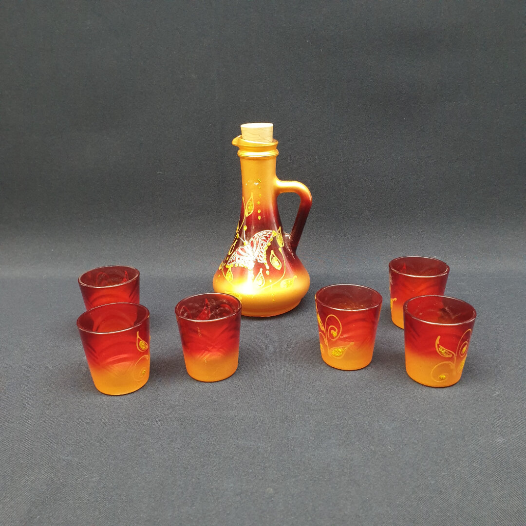 Винтажный набор из графина штофа и 6 рюмок , цветное стекло, 20мл, СССР