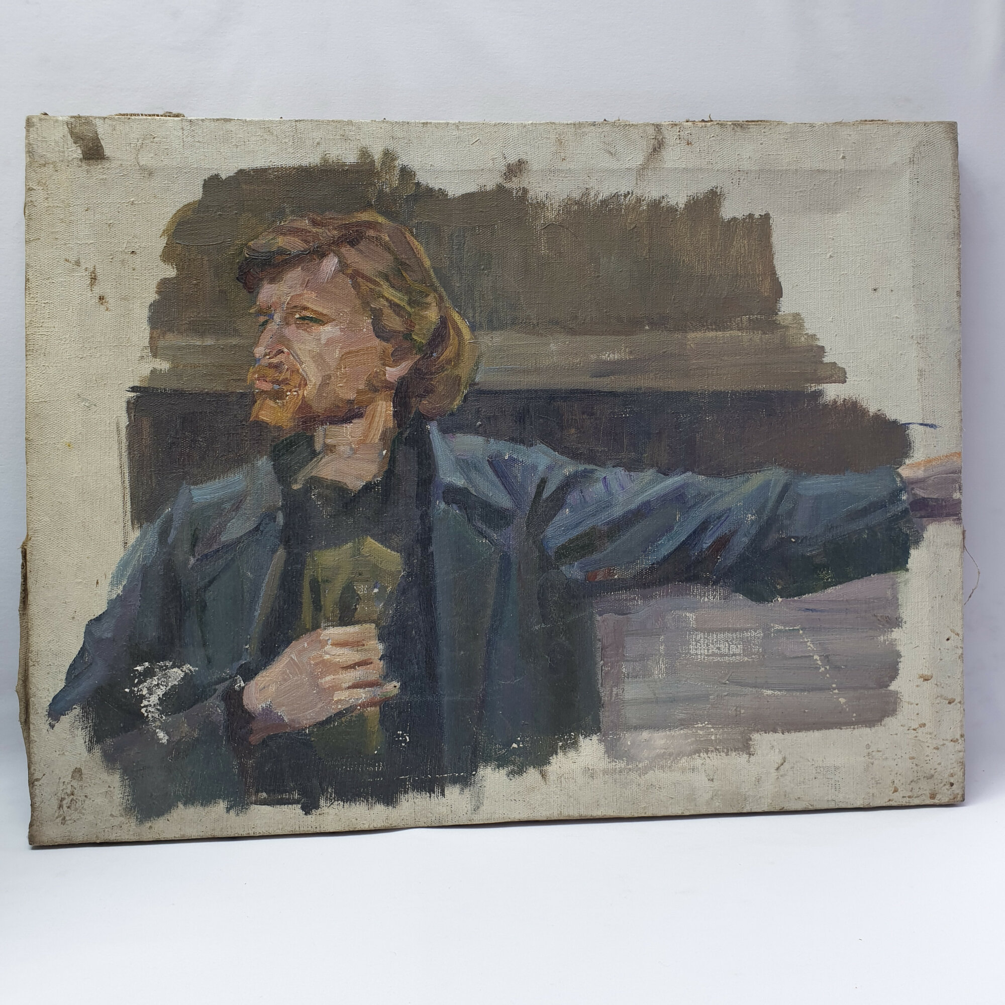 Винтажная картина Рабочий у стены, холст, масло, 50х67 см, без рамки, СССР.