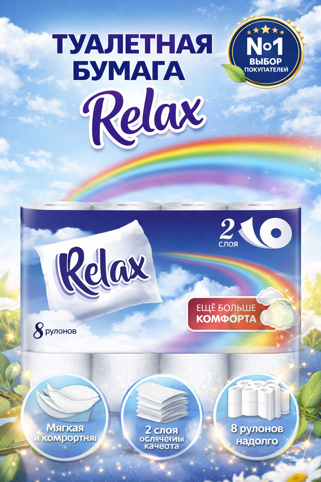 Туалетная бумага, 2-слойная, гигиеническая, мягкая, 8 рул, вся семья