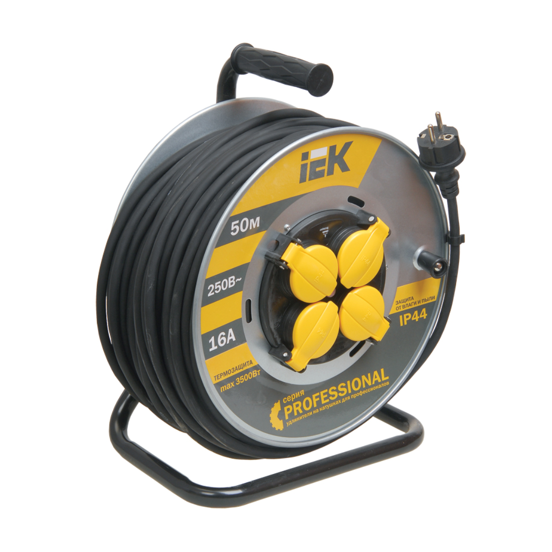 Удлинитель на катушке IEK WKP17-16-04-50-44, 50 м, 4 розетки, с/з, 16 А/3500 Вт, 2.5 м², черный