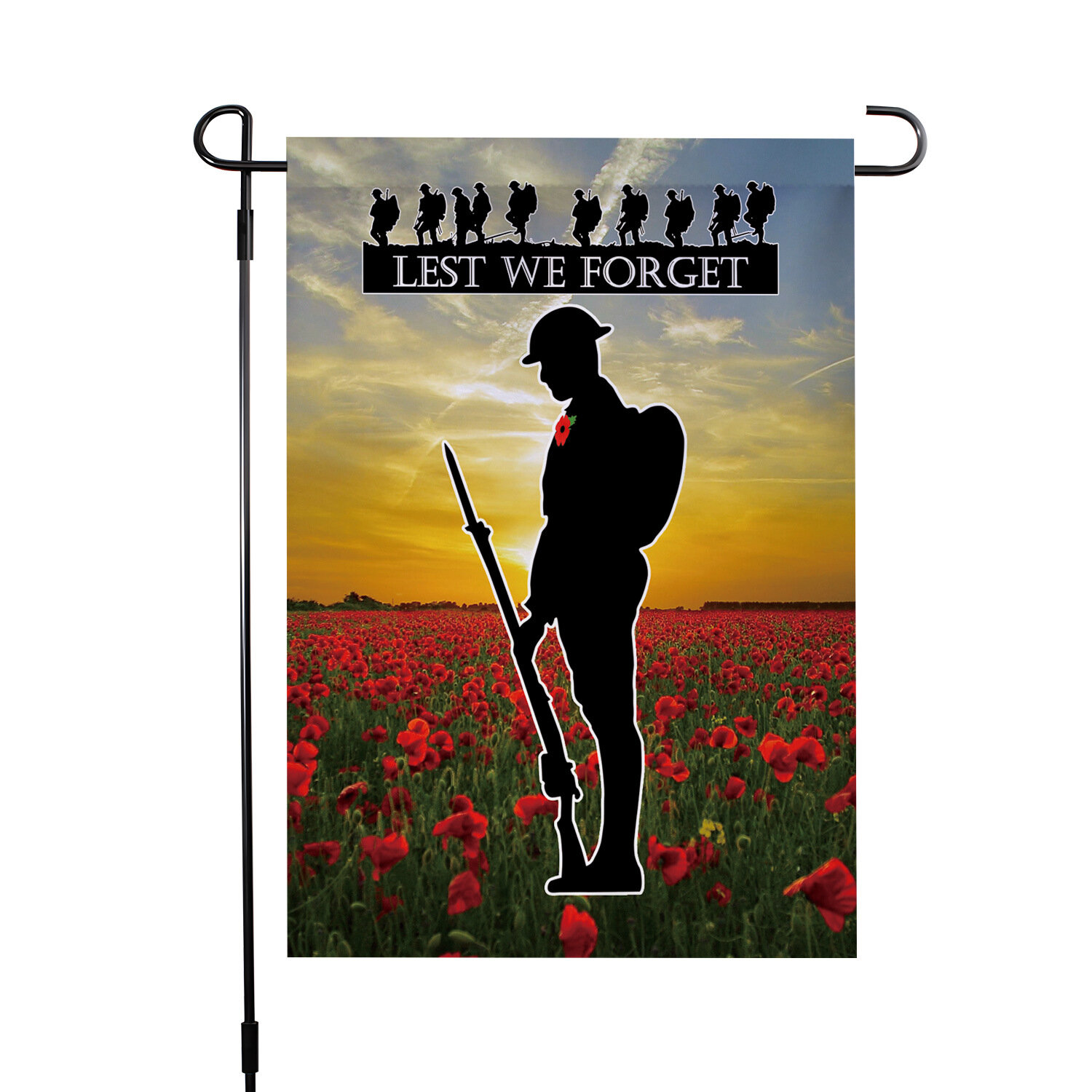 Мемориальный флаг ветеранов – 30x45 см, полиэстер. Баннер «Да не забудем» – флаг Дня памяти с силуэтом солдата и изображением мака – идеально подходит для сада или размещения на открытом воздухе.