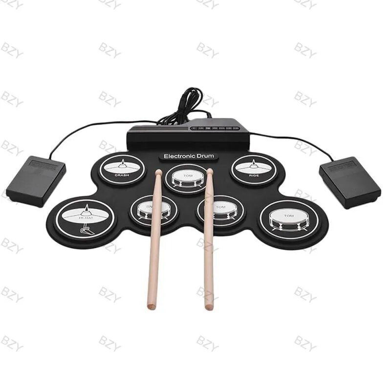 Электронный барабан / барабанная установка детская гибкая с барабанными палочками и педалью