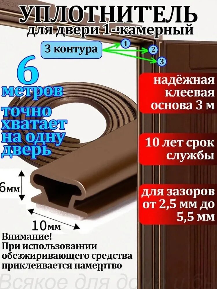 Уплотнитель для двери входной самоклеющийся/ Уплотнительная резинка для входной двери омега-профиль/ 6 метров