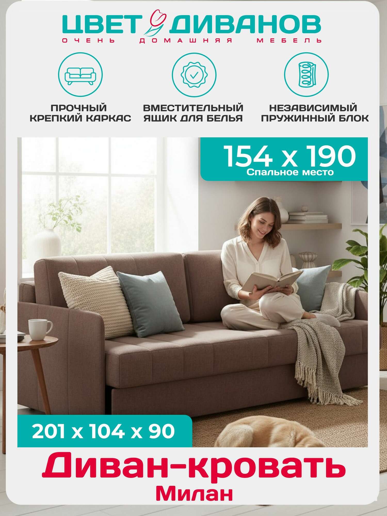 Раскладной диван-кровать прямой двуспальный в гостиную, еврокнижка Милан с ортопедическим матрасом, Цвет Диванов