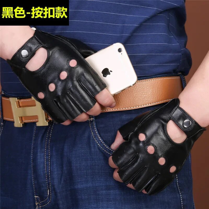 Черные перчатки без пальцев из натуральной яловой кожи с половиной пальца для мужчин и М, Черный, 2