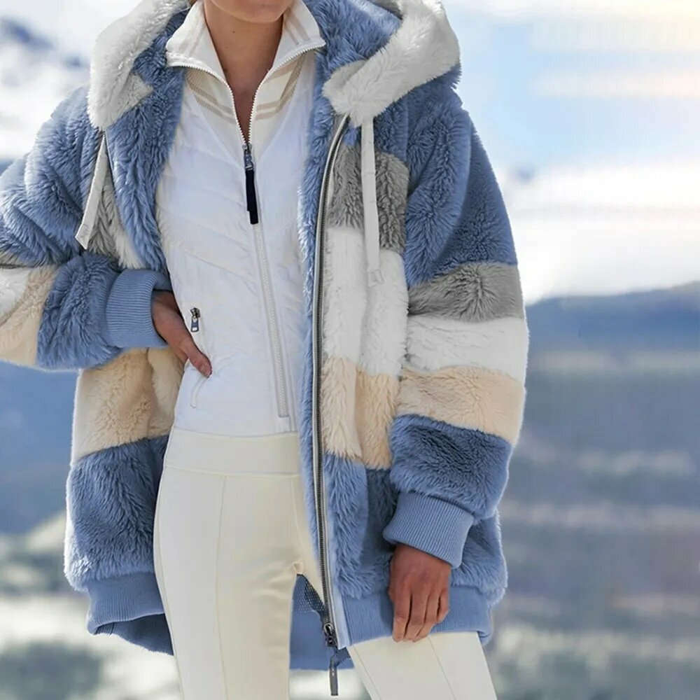 Женская флисовая куртка с капюшоном, синяя, XL