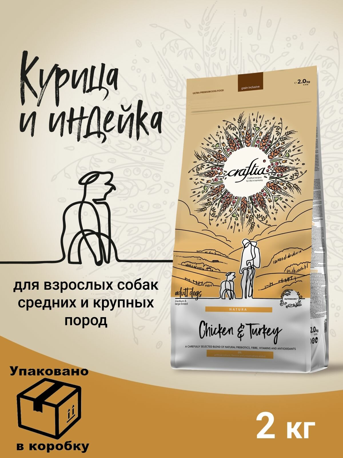 Сухой корм CRAFTIA NATURA для взрослых собак средних и крупных пород из курицы и индейки 2 кг