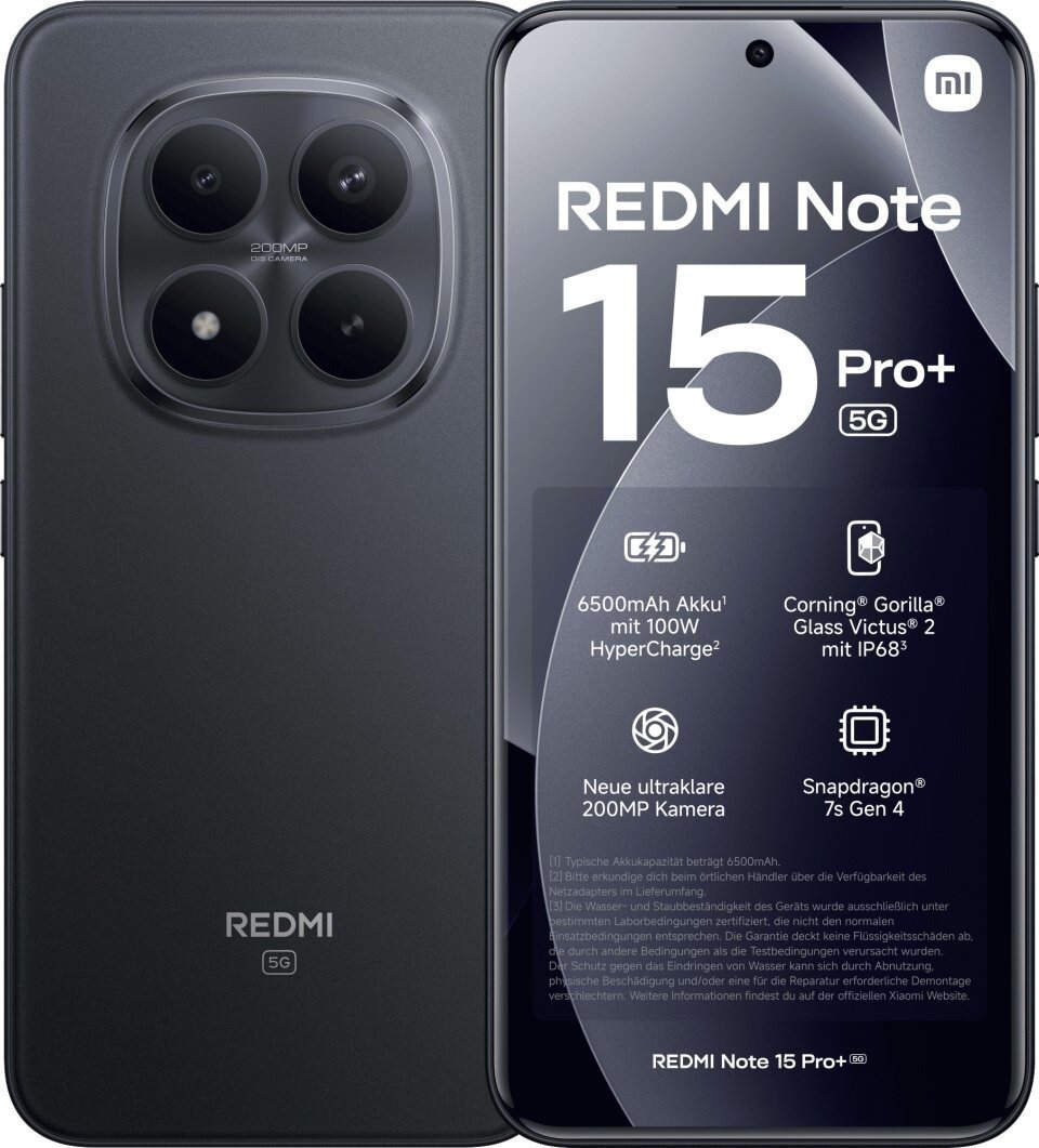Смартфон Xiaomi Redmi Note 15 Pro+ 5G 12 ГБ/512 ГБ черное Ростест, 6500mAh, Dual SIM + eSIM Global version