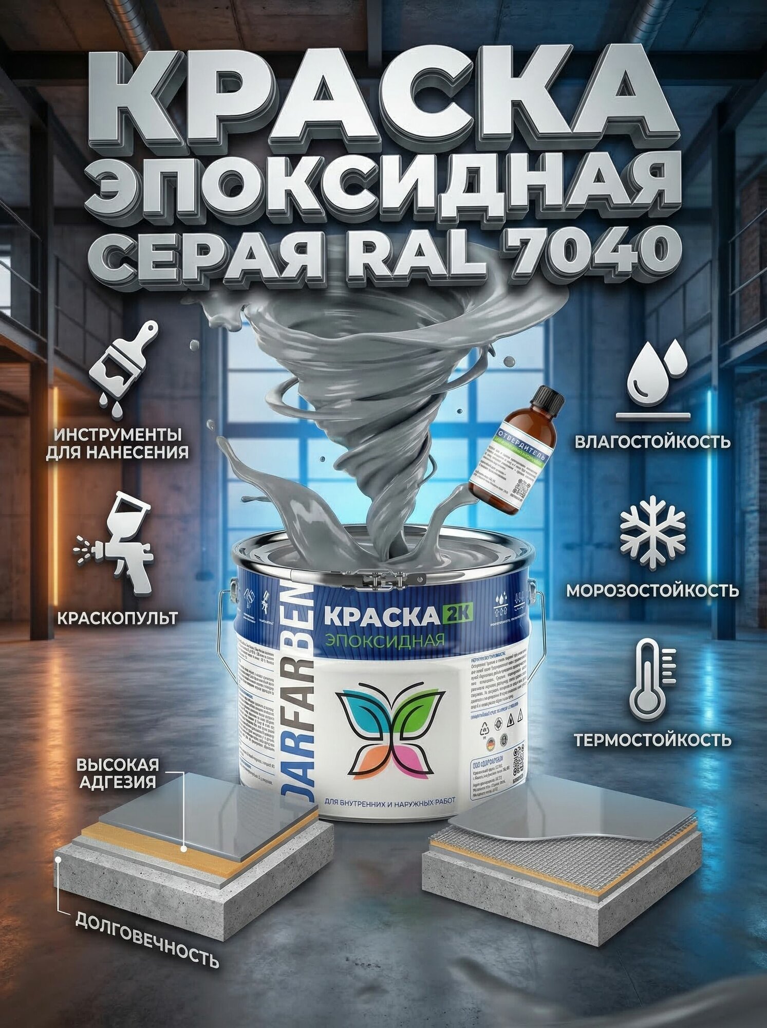 Эпоксидная краска по металлу, бетону, дереву двухкомпонентная DARFARBEN серая 2.5 кг