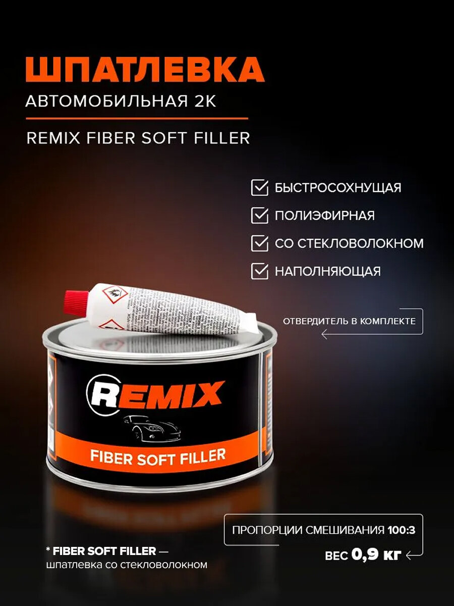 Шпатлевка автомобильная со стекловолокном 0,9 кг 2к светло-зеленая в комплекте с отвердителем / REMIX /