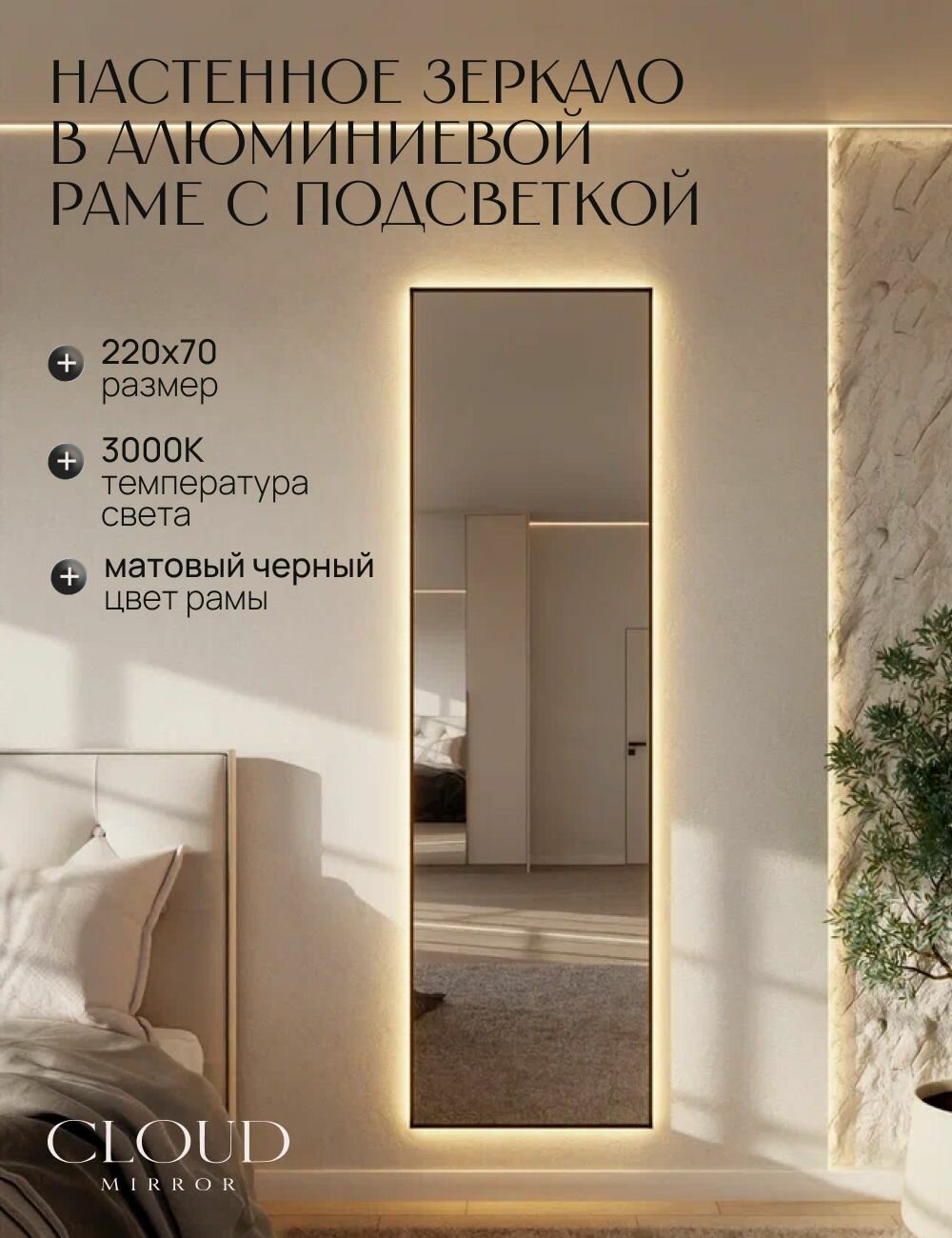 Зеркало 220х70 см. черное с подсветкой. Свет: Теплый белый 3000К. В алюминиевой раме интерьерное настенное CLOUD MIRROR