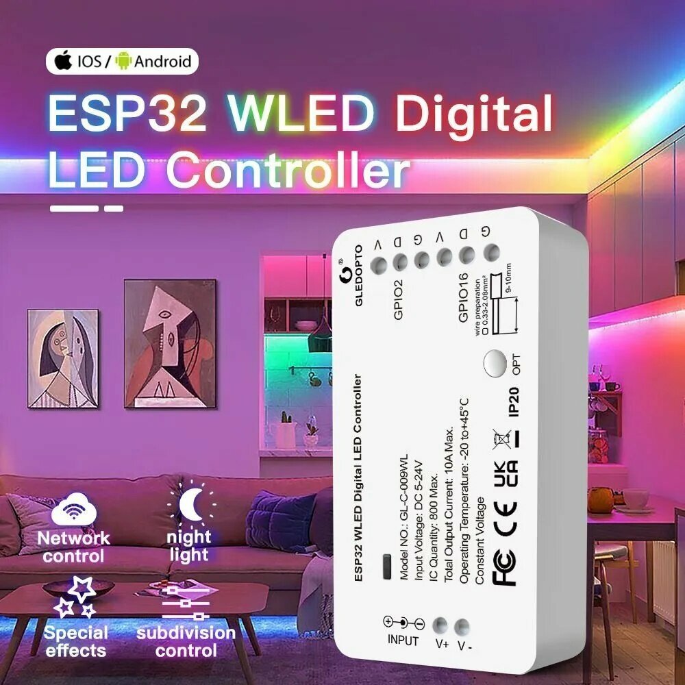 Светодиодный контроллер GLEDOPTO ESP32 WLED, более 100 режимов динамического освещения "сделай сам", для полосовых светильников WS2811 WS2812 SK6812 TM1814 WS2813 WS2815