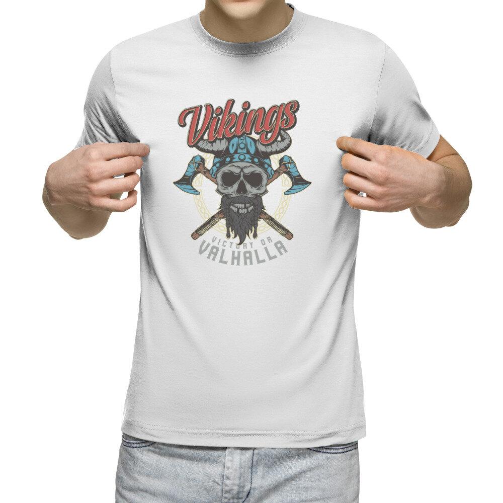 Мужская футболка «Викинг вальхалла. Скандинавский воин, скелет, череп» (белый, S)