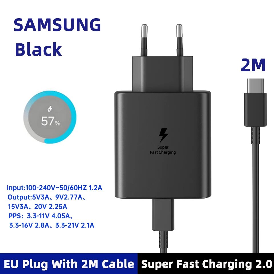 Оригинальное зарядное устройство SAMSUNG USB-C 45W для быстрой зарядки PD, 25W, для Black EU with 2m