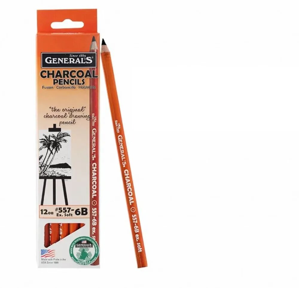 Угольные карандаши GENERAL'S CHARCOAL PENCILS #557-6B Ex. soft, 12 шт, для рисования, коричневые