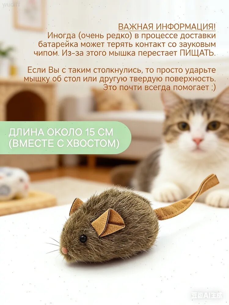 Игрушка для кошек со звуковым чипом / интерактивная мышка пищалка, 13-15 см (темная)