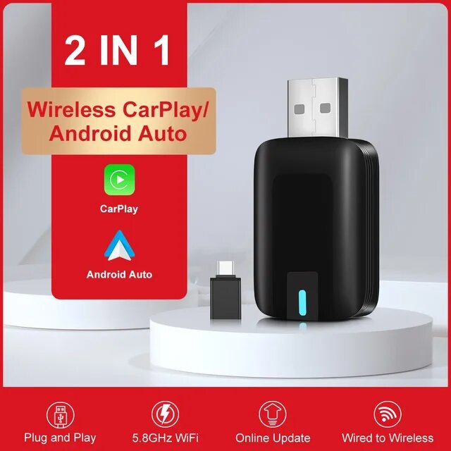 Этот беспроводной адаптер CarPlay/Android Auto 2-в-1 совместим со штатными автомобильными аудиосистемами, поддерживает функцию подключения по USB и позволяет преобразовывать проводное подключение CarPlay в беспроводное.