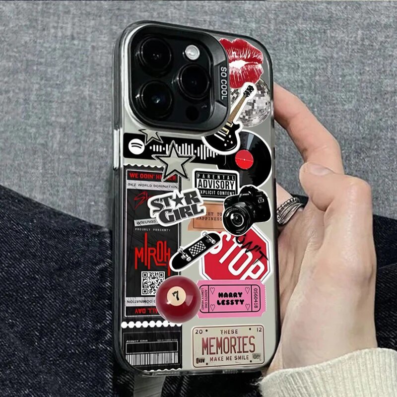 Чехол для телефона с узором в виде наклеек-этикеток для iPhone 17, 16, Айфон 15 Про Макс, Черный, 4