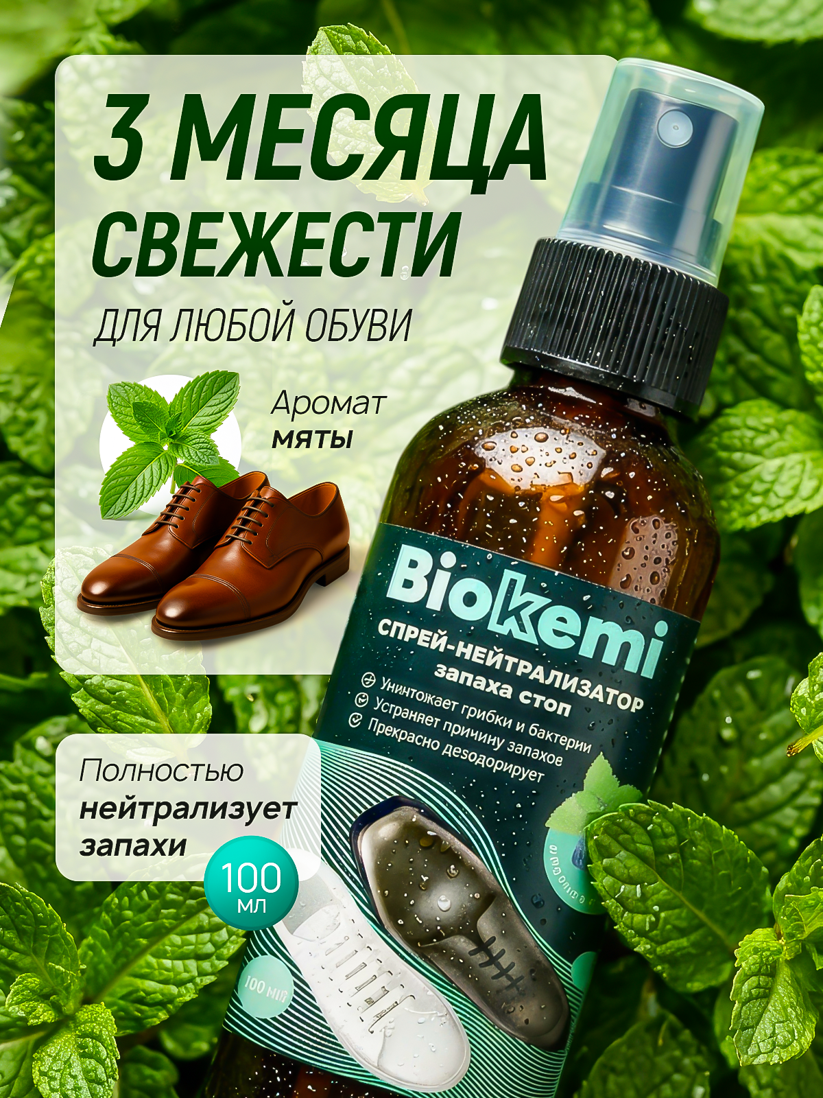 Дезодорант Biokemi, "Ледяная мята", для кроссовок, антибактериальный, 100 мл
