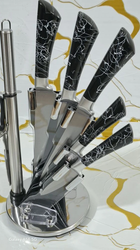 Подарочный набор ножей, сталь, 9 предметов, с вращающимся держателем, мраморная ручка