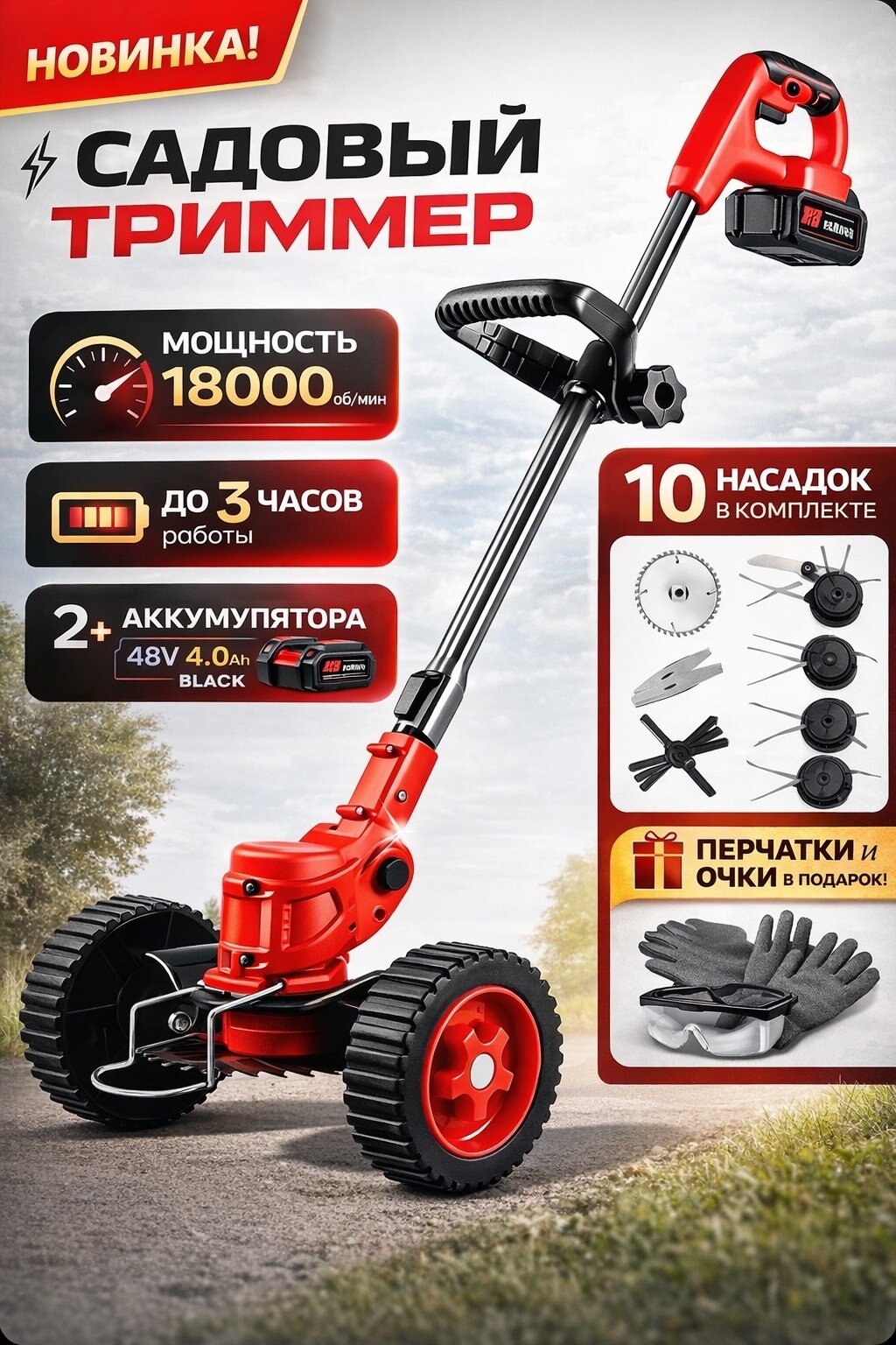 Аккумуляторный триммер, красный, с колёсами, с Li-Ion аккумулятором 48В, 1900Вт