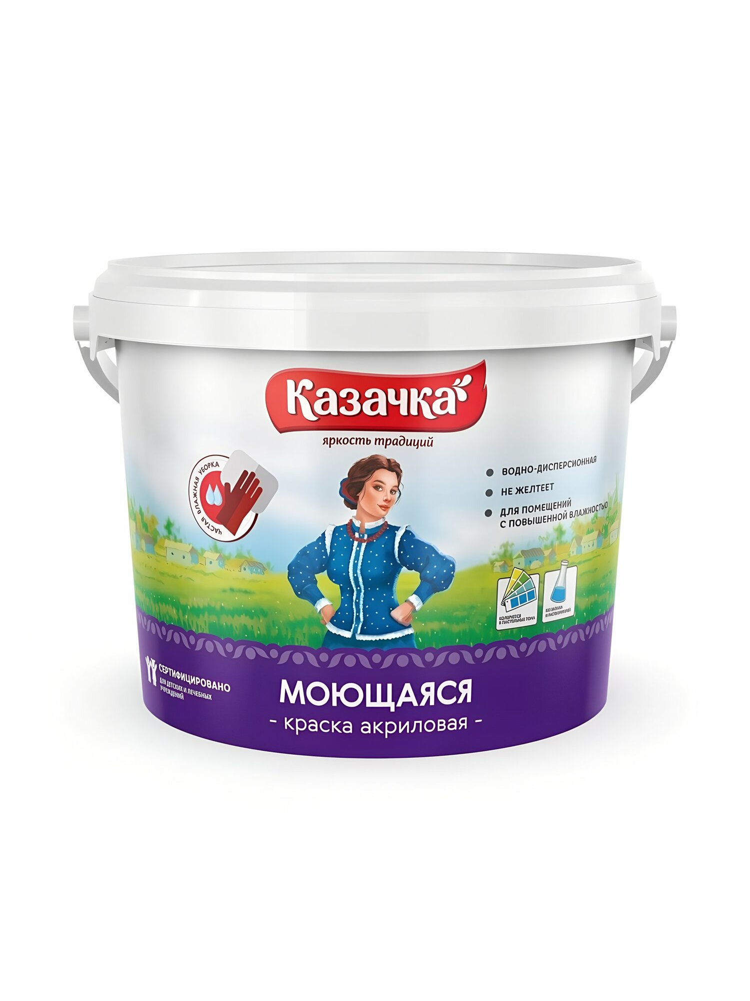 Краска воднодисперсионная, Казачка, W-4, акриловая, универсальная, моющаяся, влагостойкая, матовая, 2.7 кг