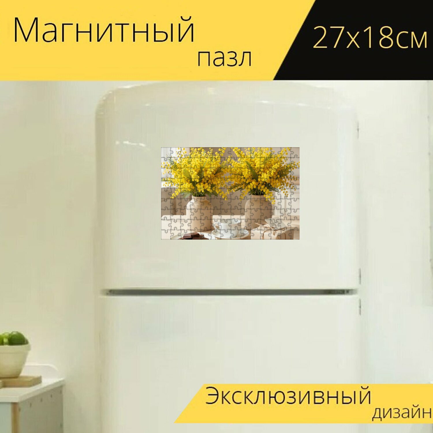 Магнитный пазл "Желтые мимозы в вазах. Уютная весенняя композиция с пышными солнечными соцветиями в светлых керамических сосудах, чашкой, шоколадом и." на холодильник 27 x 18 см.