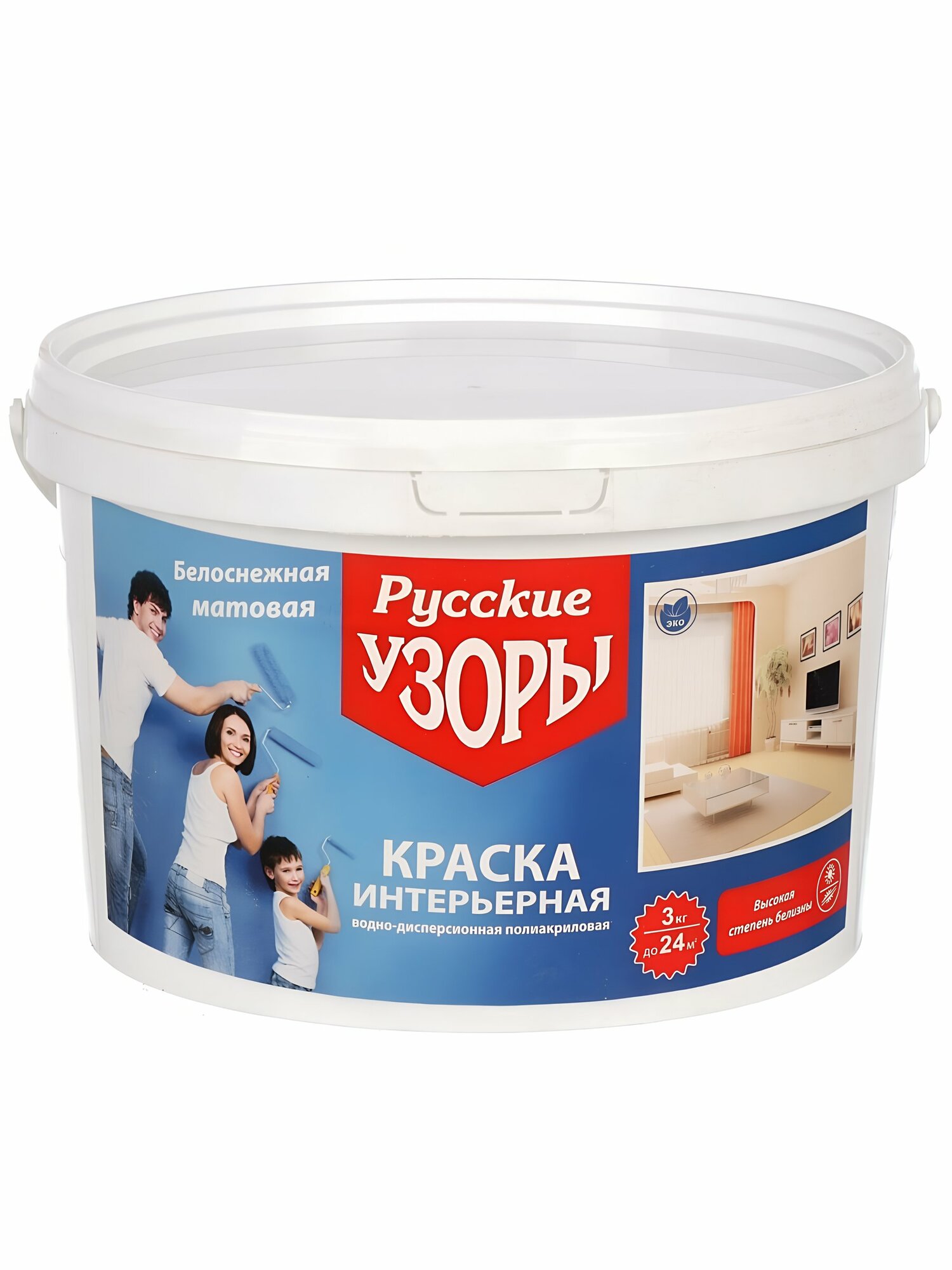 Краска воднодисперсионная, Русские узоры, акриловая, интерьерная, матовая, белоснежная, 3 кг