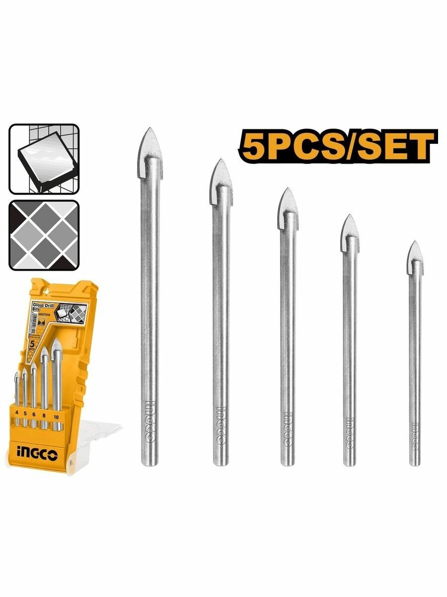 Набор сверл по стеклу и керамике 5шт. INGCO AKD7058 INDUSTRIAL
