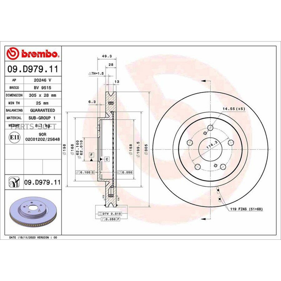 BREMBO 09D97911 Диск тормозной TOYOTA CAMRY V70 17-/RAV 4 18- передний D 305мм.