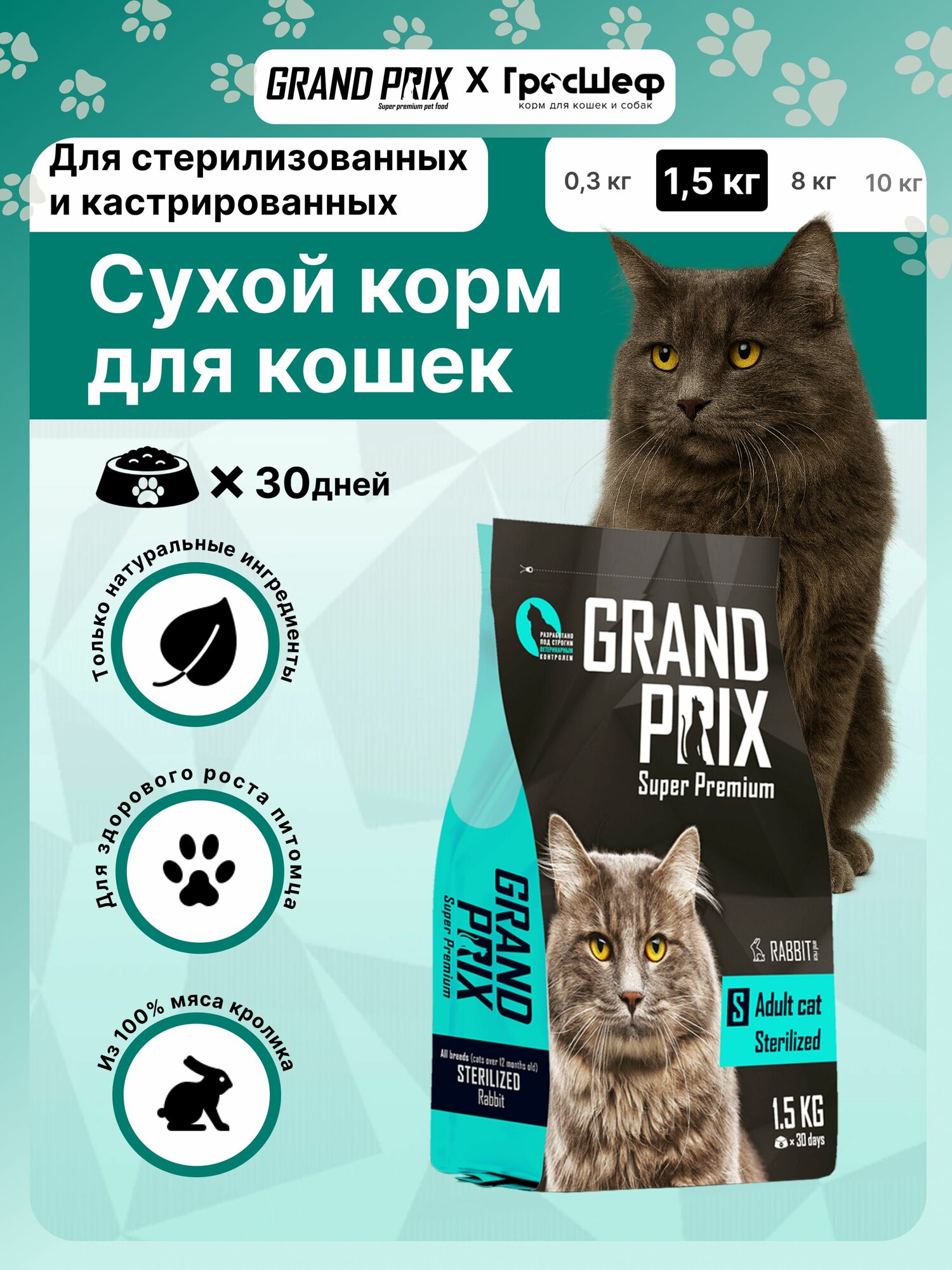 Сухой корм для стерилизованных кошек и кастрированных котов от 6 мес. GRAND PRIX с кроликом 1,5 кг