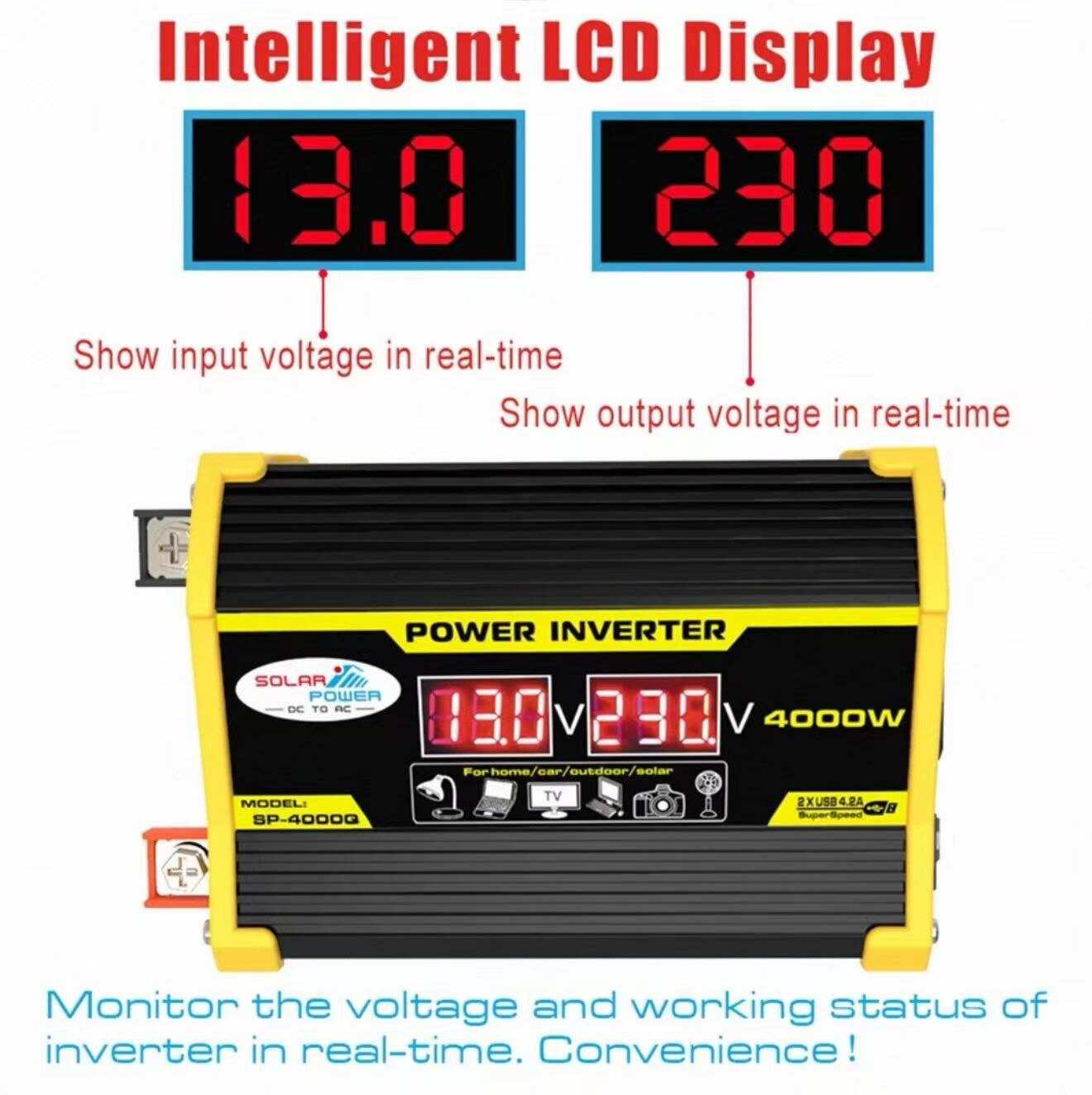 Автомобильный инвертор 12V в 220V 4000W, чистая синусоида, для грузовиков и дома, с защитой от перегрузки