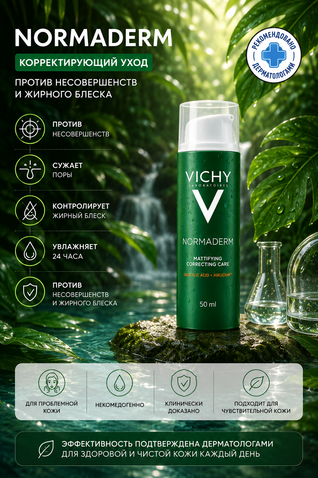 Vichy Normaderm корректирующий крем для лица против акне и жирного блеска, 50 мл