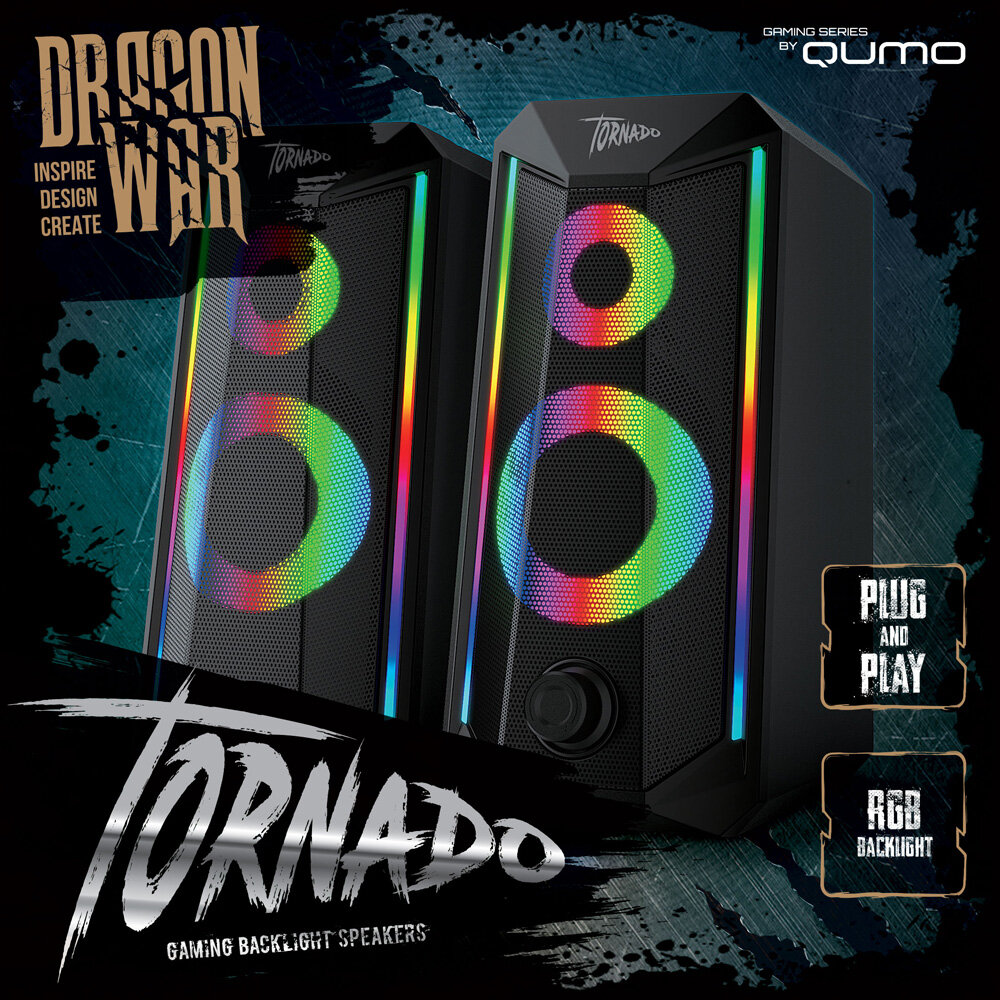 Акустика QUMO "Tornado" AS008, USB-питание, стерео, LED-подсветка, 2 динамика, 15 Вт, чёрная