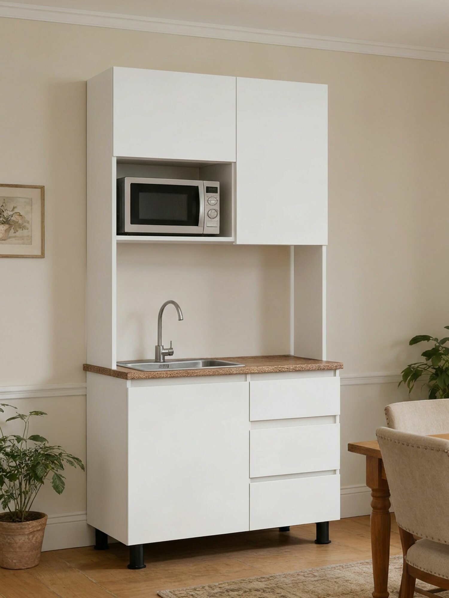 Кухонный буфет Флорен с полками, с ящиками, 100х60.4х220 см, Белый / столешница Дуб классический