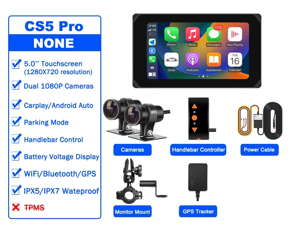 VSYS CS5 Pro мотоцикл DVR с Carplay, GPS, 5.0" экраном 1080P