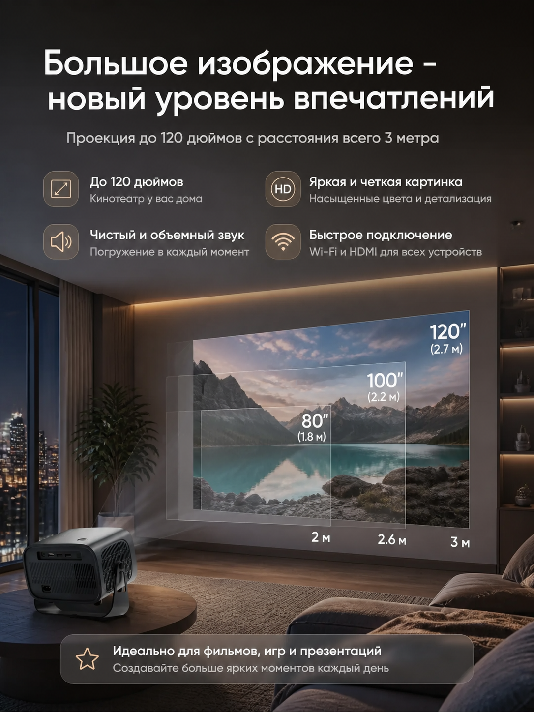 Проектор, 2026 год, для дома, улицы, поддержка Wi-Fi, Bluetooth — фото 1