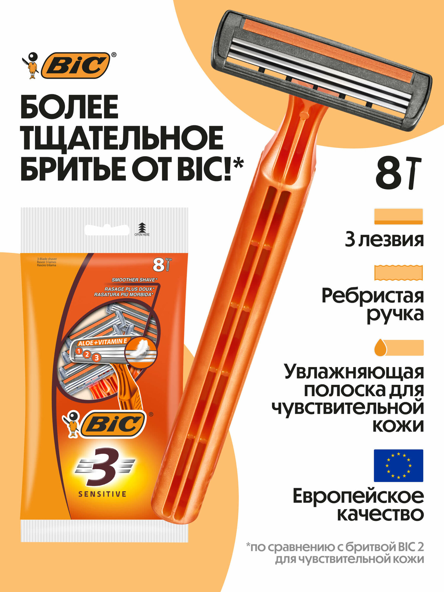 Бритва мужская одноразовая BIC 3 для чувствительной кожи, упаковка 8 шт