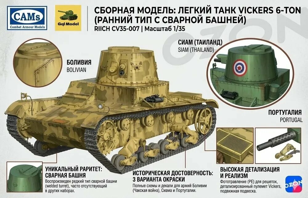 Сборная модель Riich CV35007 Легкий танк Vickers 6-Ton Alt B, Ранний тип со сварной башней, 1/35