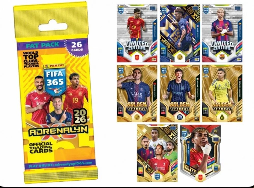 Футбольные карточки Panini FIFA 365 Adrenalyn XL 2026 Fat Pack / 26 коллекционных карточек с футболистами любителям панини